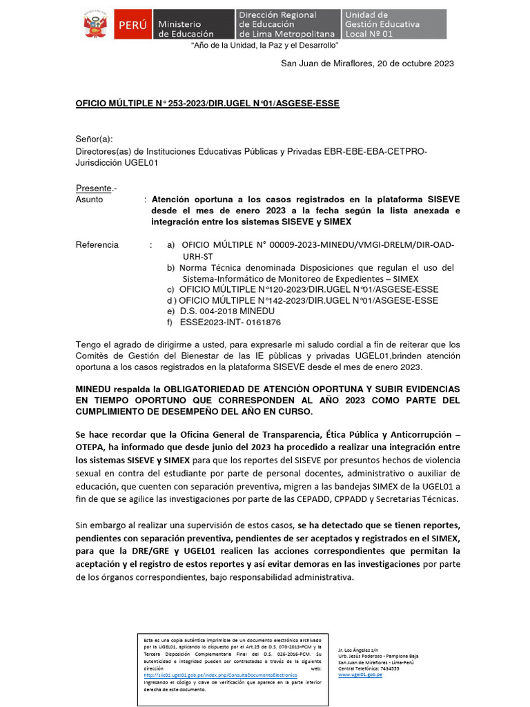 Oficio Múltiple N°253-2023 Dir - Ugel #01 Asgese-Esse | Descargar gratis PDF | Perú