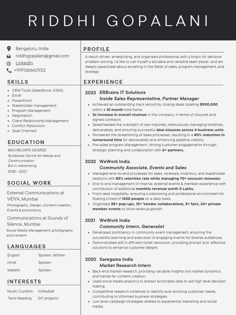 Riddhi Gopalani - CV. | PDF | Sales | Marketing Research