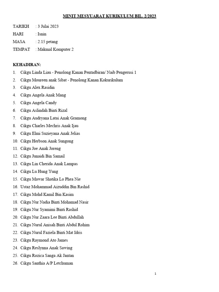 Minit Mesyuarat Kurikulum Bil 2 2023 | PDF