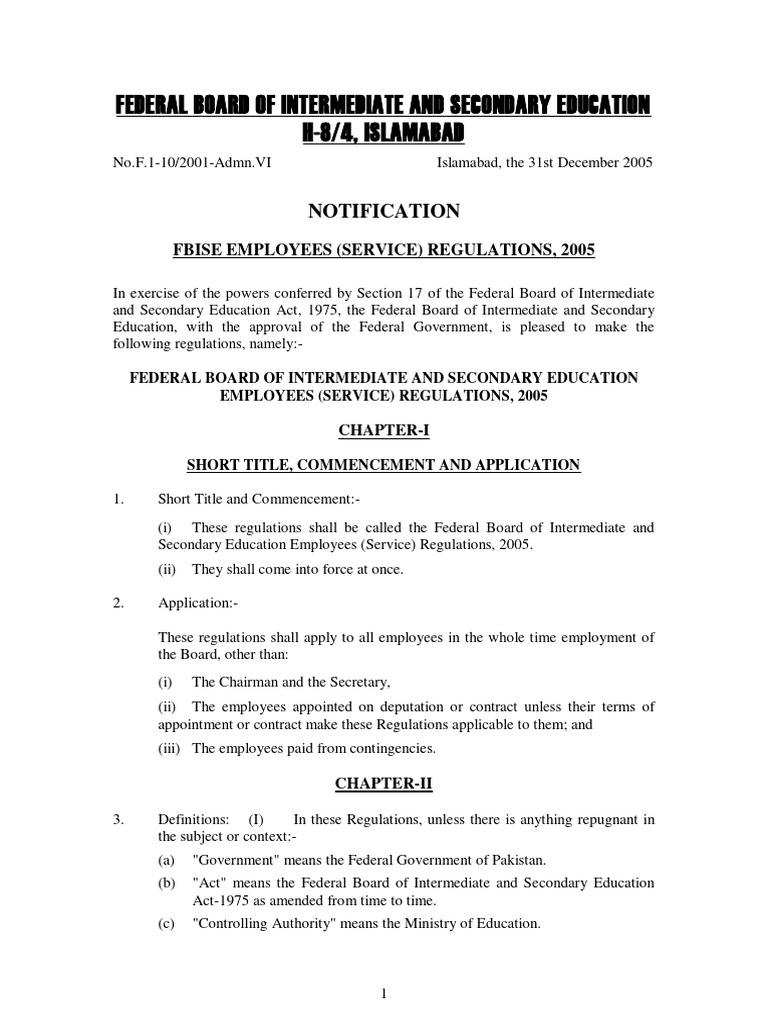 FBISE Employees Service Regulation | PDF | Academic Degree | Employment