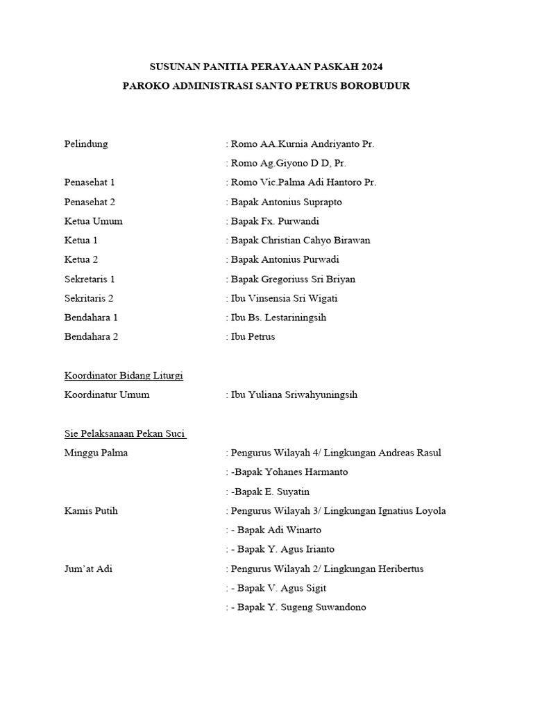 Susunan Panitia Perayaan Paskah 2024 - 105524 | PDF