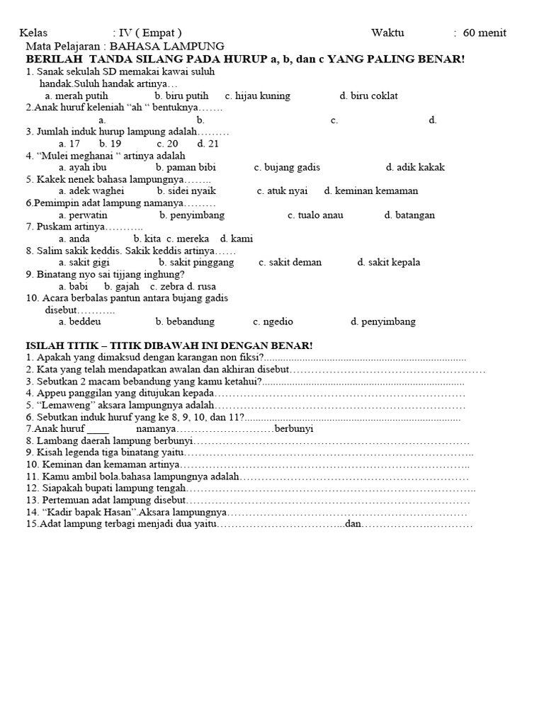 ULANGAN UMUM MID SEMESTER GENAP SEKOLAH DASAR BAHASA LAMPUNG Kelas 4 | PDF