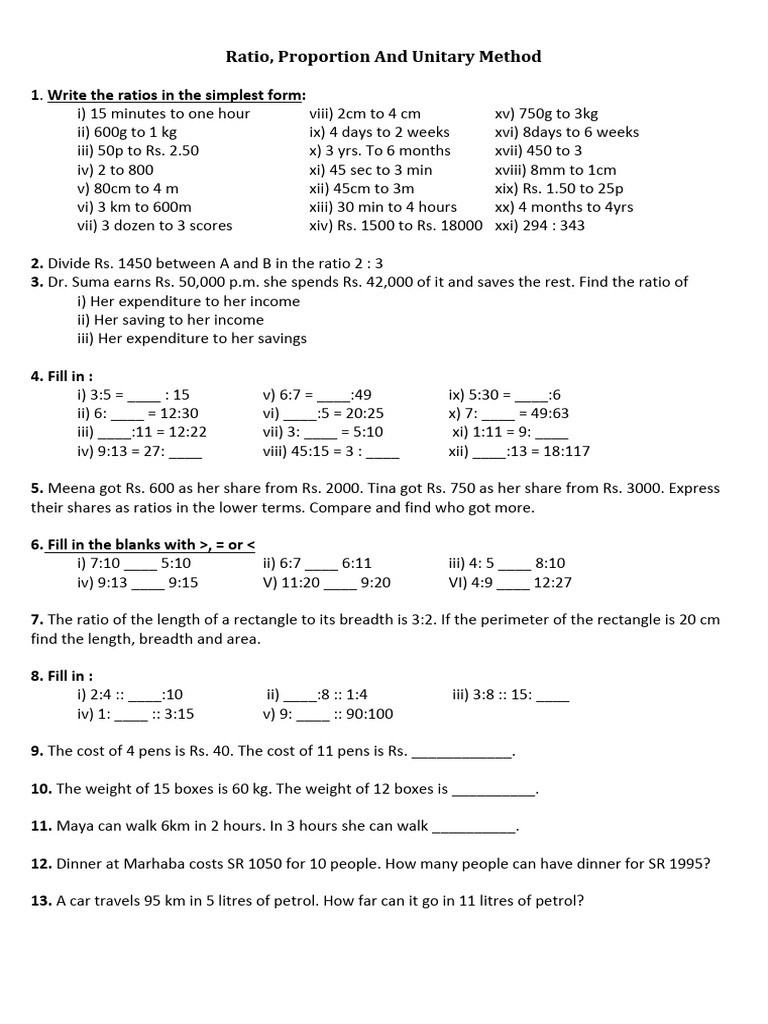 CBSE Class 6 Maths Ratio & Proportion Worksheet | PDF