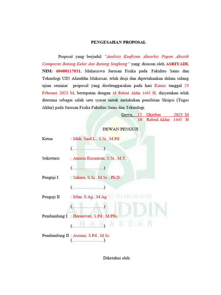 Format Lembar Pengesahan Proposal Dan Skripsi1 | PDF