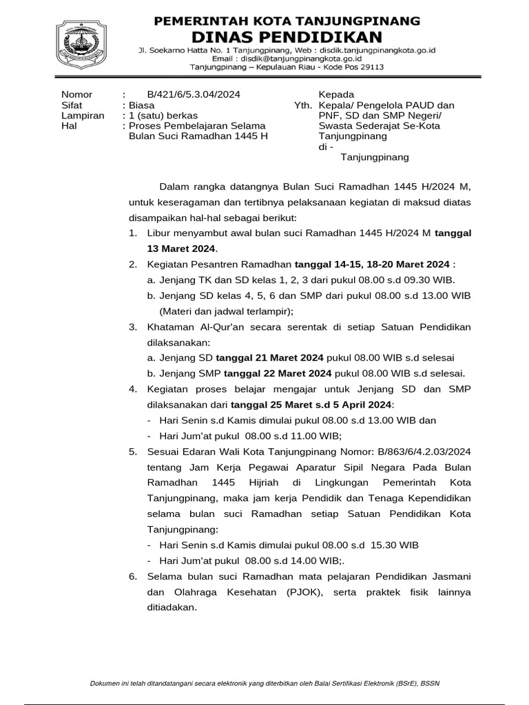 Surat Edaran Pembelajaran Bulan Ramadhan 1445 H. 2024 M | PDF