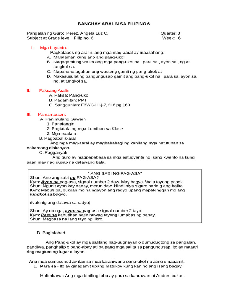 Banghay Aralin Sa Filipino 6 | PDF