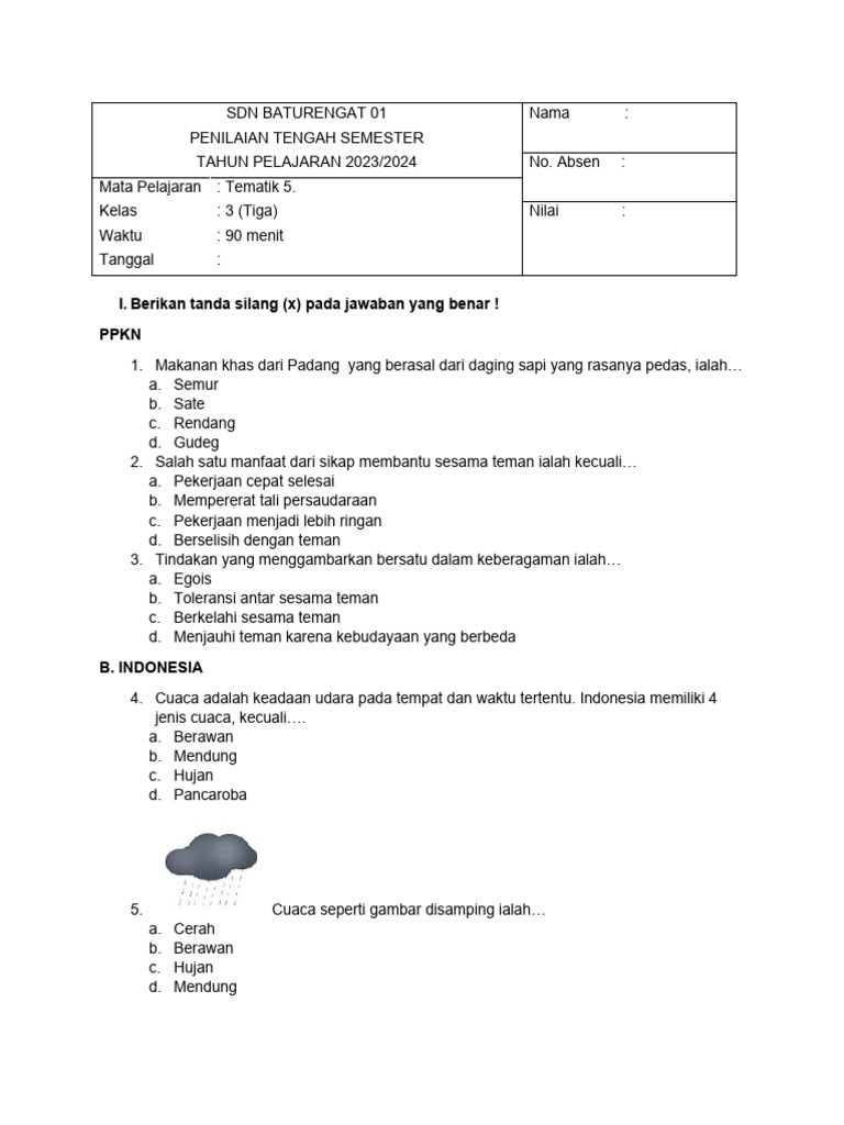 Soal PTS KELAS 3 Hari Ke 2 (Tema 5 Sub 3 4) Kelas 3 SMT 2 | PDF | Metode & Bahan Ajar | Sains ...