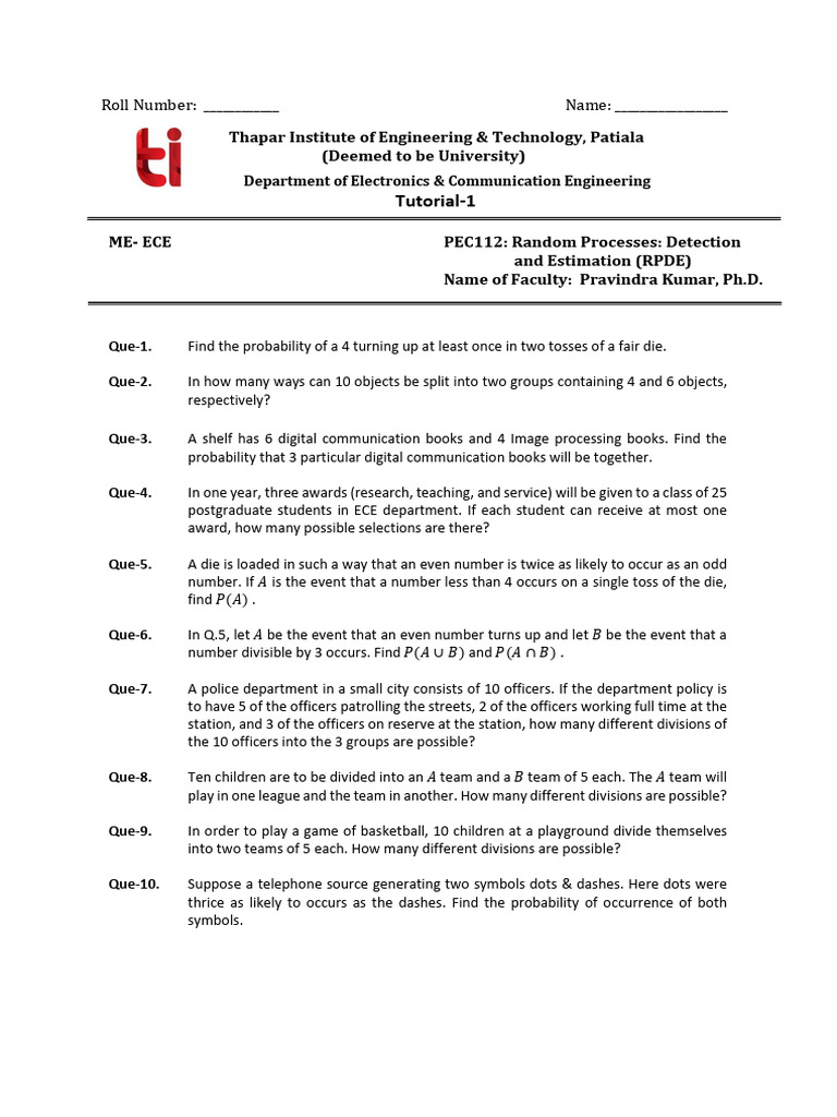 Tutorial 1 | PDF | Probability Theory