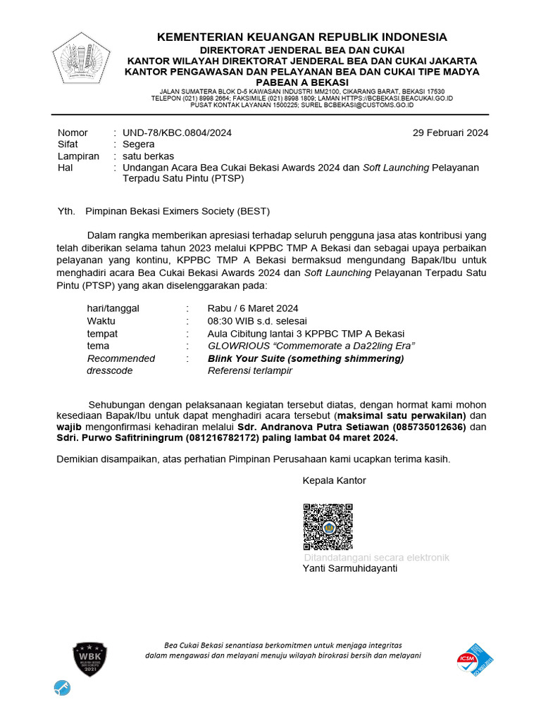 Undangan Acara Bea Cukai Bekasi Awards 2024 Dan Soft Launching Pelayanan Terpadu Satu Pintu ...