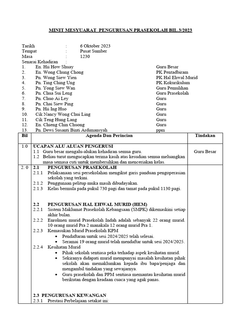 Minit-Mesyuarat-Pengurusan-Prasekolah Bil 3 2023 | PDF