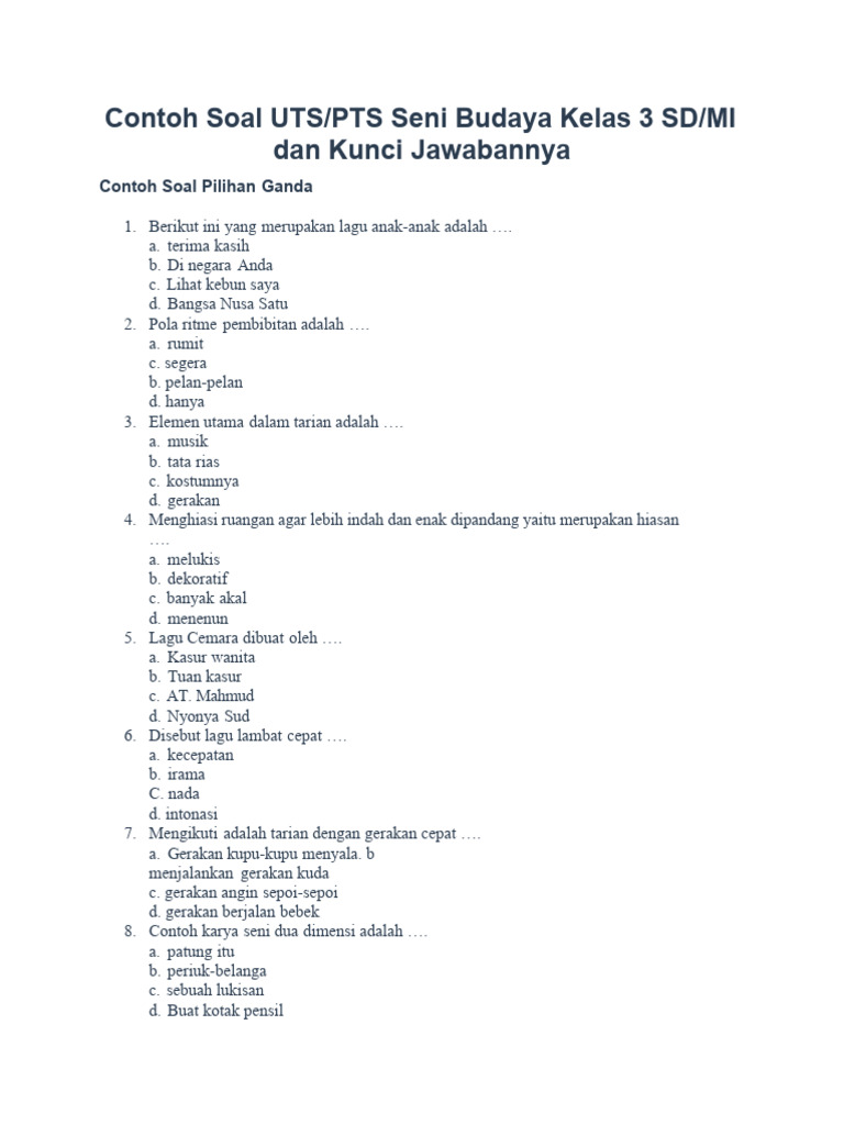 Contoh Soal UTS Seni Budaya Kelas 3 SD | PDF Contoh Soal UTS Seni Budaya Kelas 3 SD | PDF