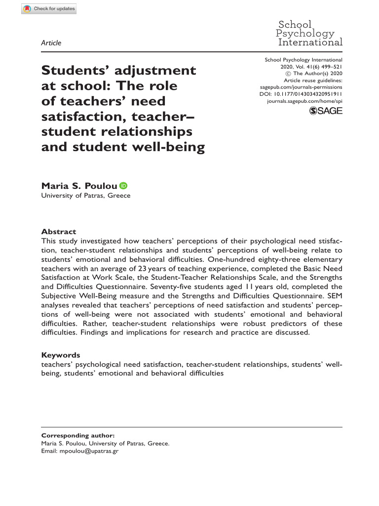 Poulou 2020 Students Adjustment at School The Role of Teachers Need Satisfaction Teacher Student ...