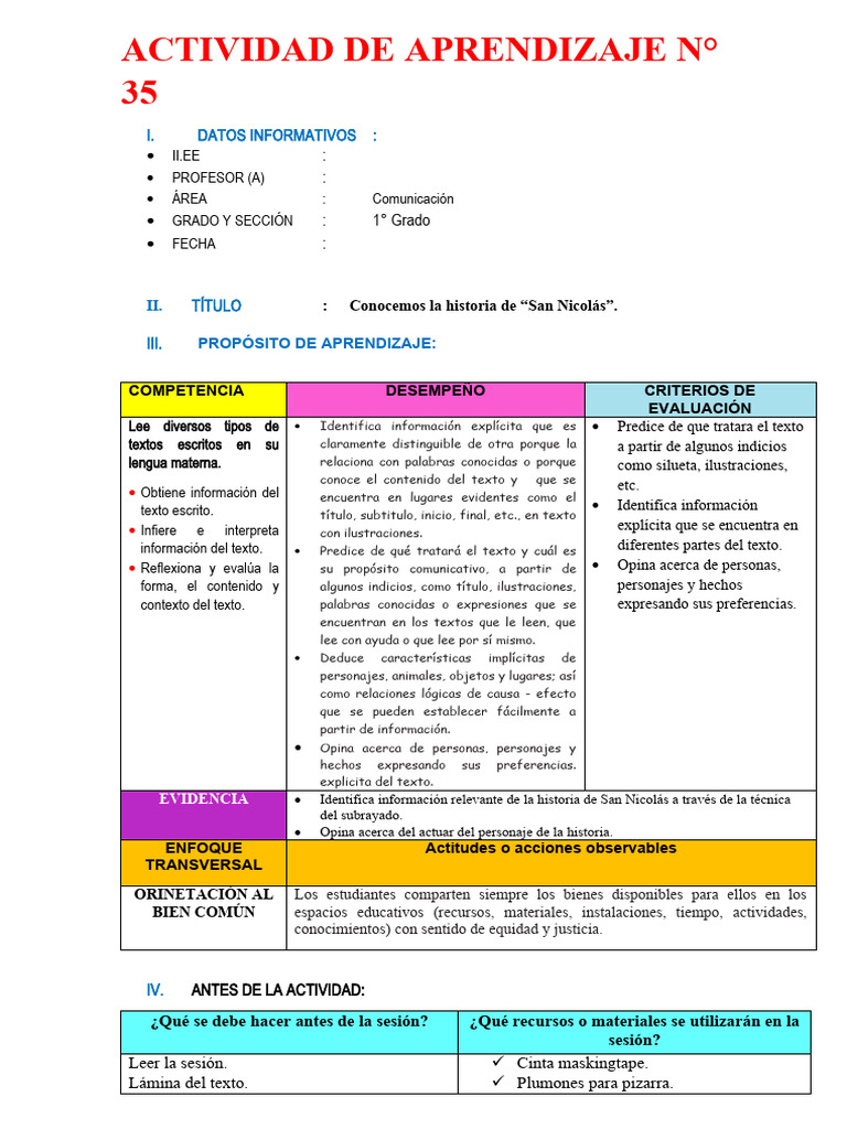 Sesión Conocemos La Historia de San Nicolás | PDF | Aprendizaje ...