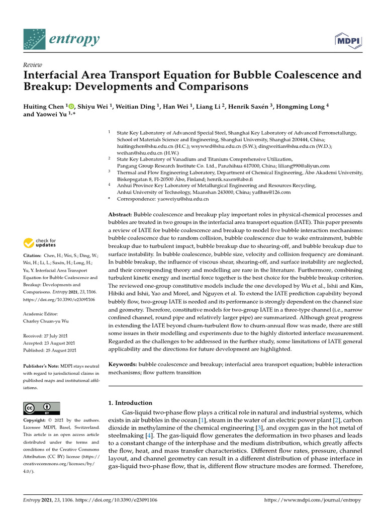 2021 Chen Interfacial Area Transport Equation For Bubble Coalescence And Breakup