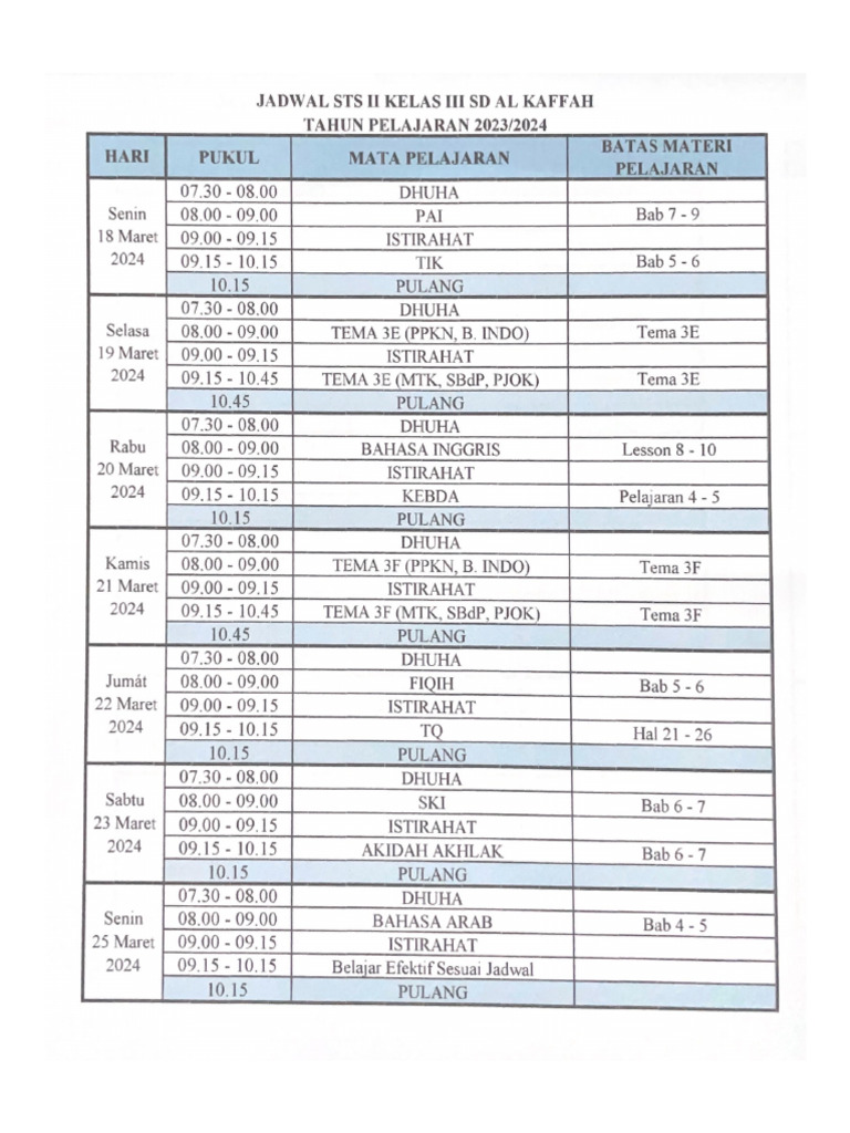 Jadwal Sts II Kelas 3 | PDF