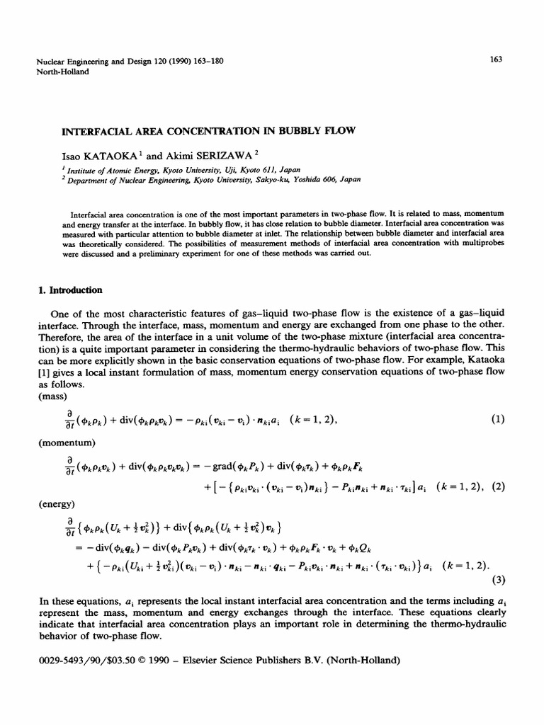 (1990) (Kataoka) (Interfacial Area Concentration in Bubbly Flow) | PDF ...