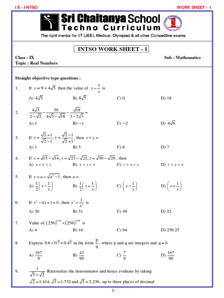 9 - Class INTSO Work Sheet - 1 - Real Numbers | PDF | Mathematics ...