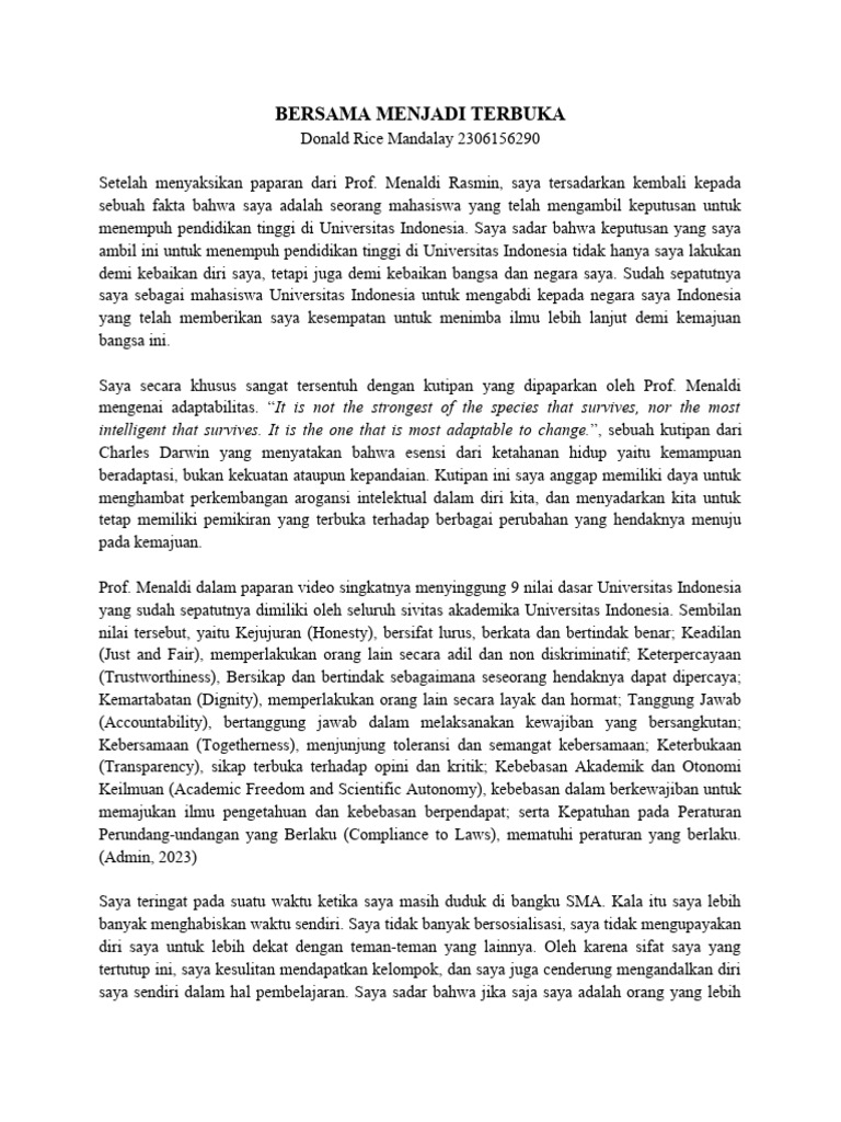 Refleksi 9 Nilai Dasar UI | PDF