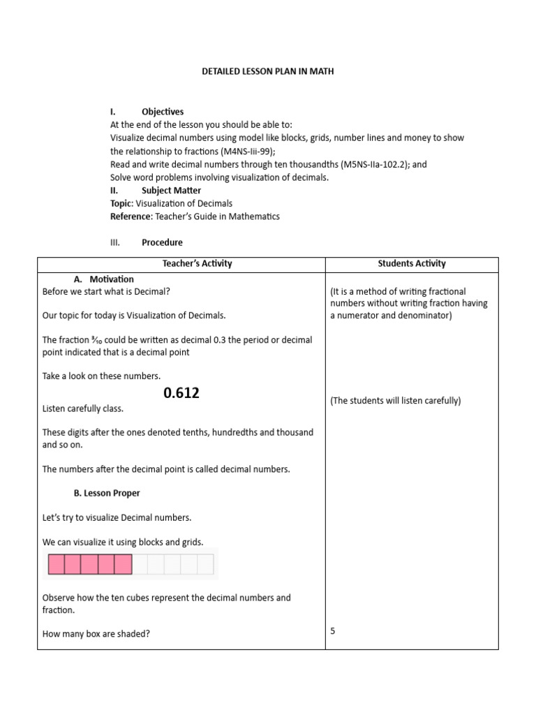 Detailed Lesson Plan in Mathematics | PDF | Numbers | Decimal