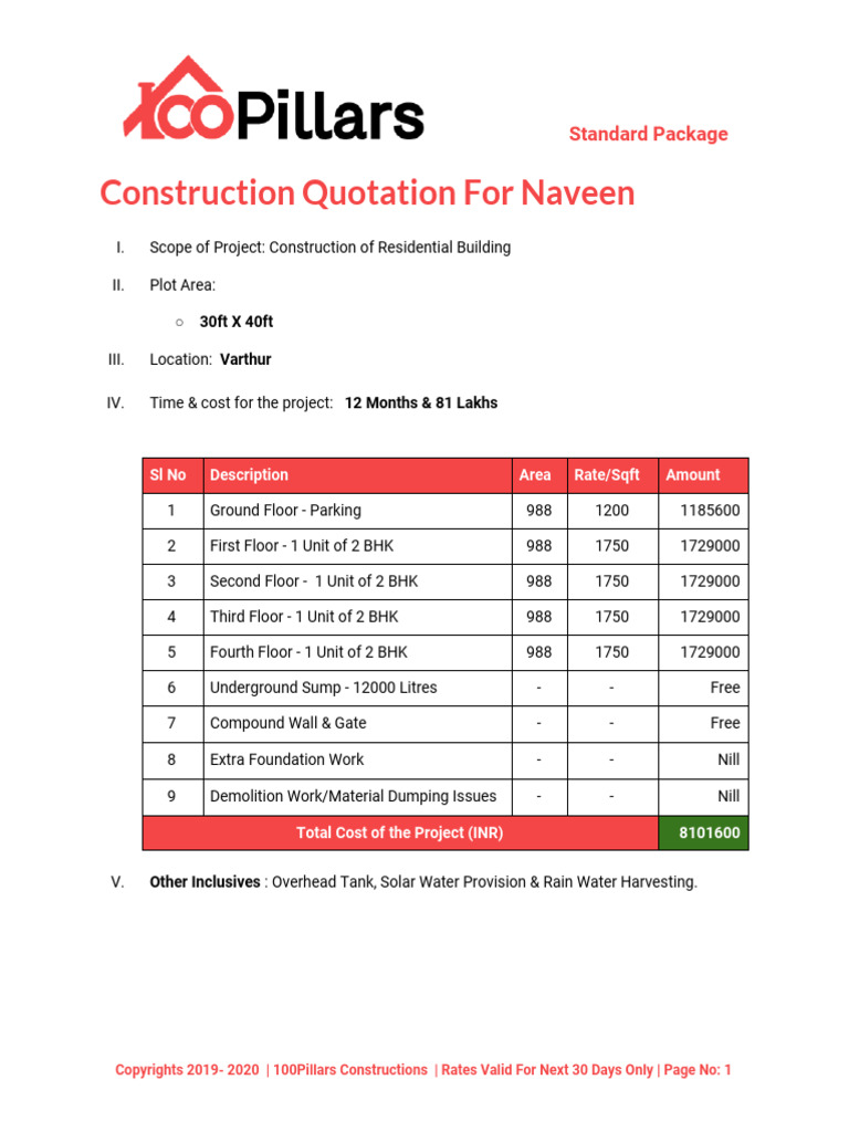Construction Quotation for Residential Building | PDF | Concrete | Sink