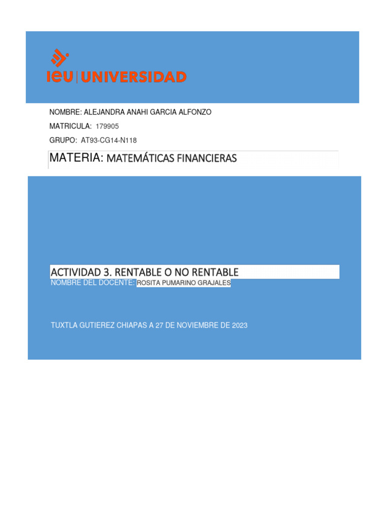 Actividad 3. Rentable o No Rentable | PDF | Tasa interna de retorno ...