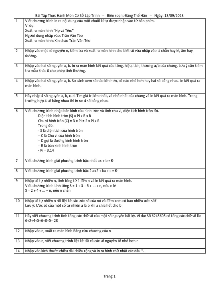 Bài Tập CSLT - Han Dang | PDF