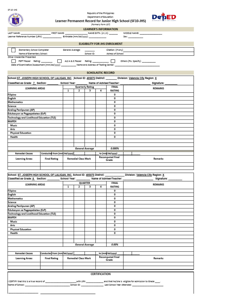 JHS Blank Form | PDF | Middle Schools