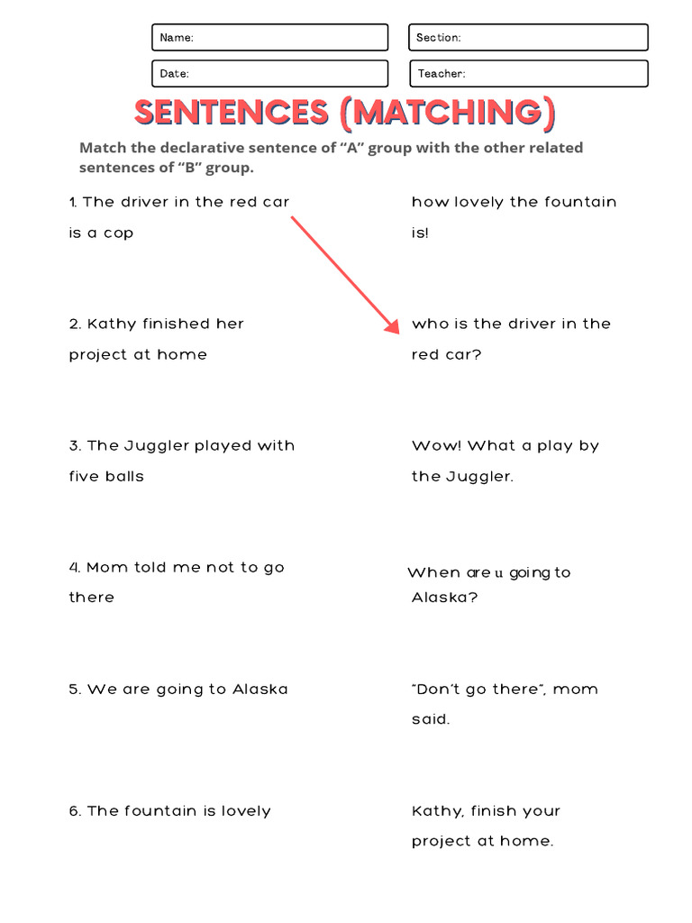 Match Declarative Sentences Worksheet | PDF