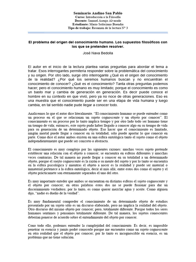 Mario Solórzano Resumén 3 | PDF | Conocimiento | Realidad