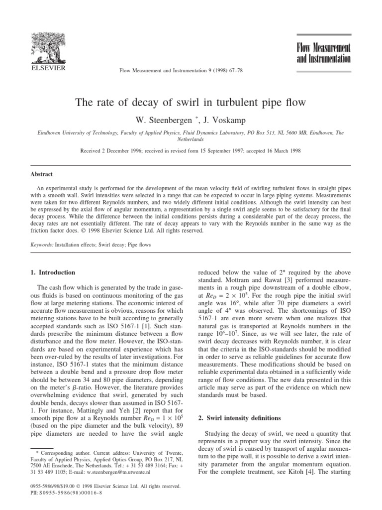 The Rate of Decay of Swirl in Turbulent Pipe Flow | PDF | Fluid Dynamics | Reynolds Number