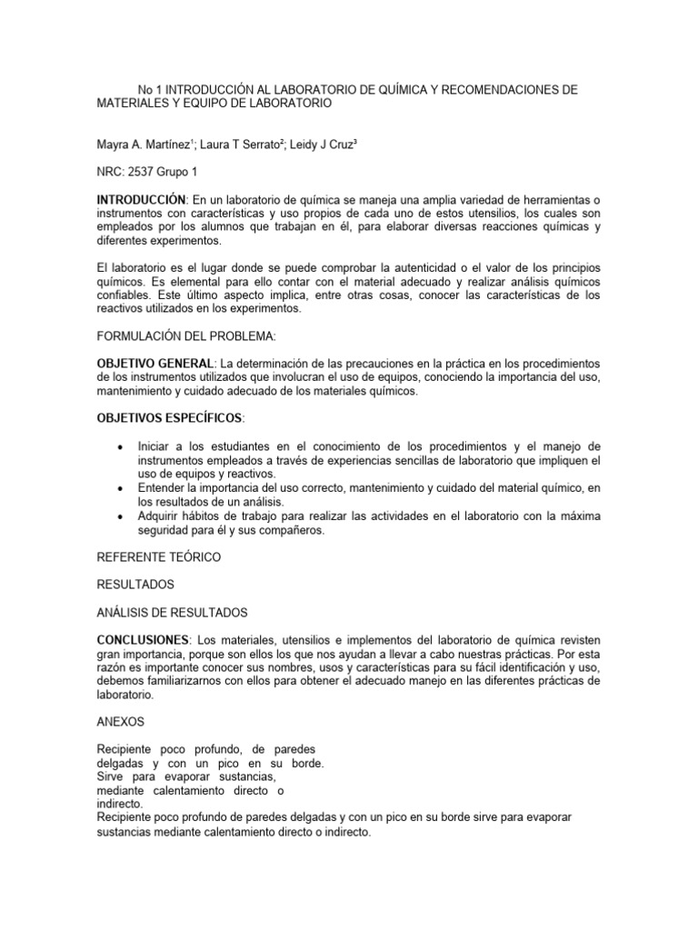 No 1 INTRODUCCIÓN AL LABORATORIO DE QUÍMICA Y RECOMENDACIONES DE MATERIALES Y EQUIPO DE ...