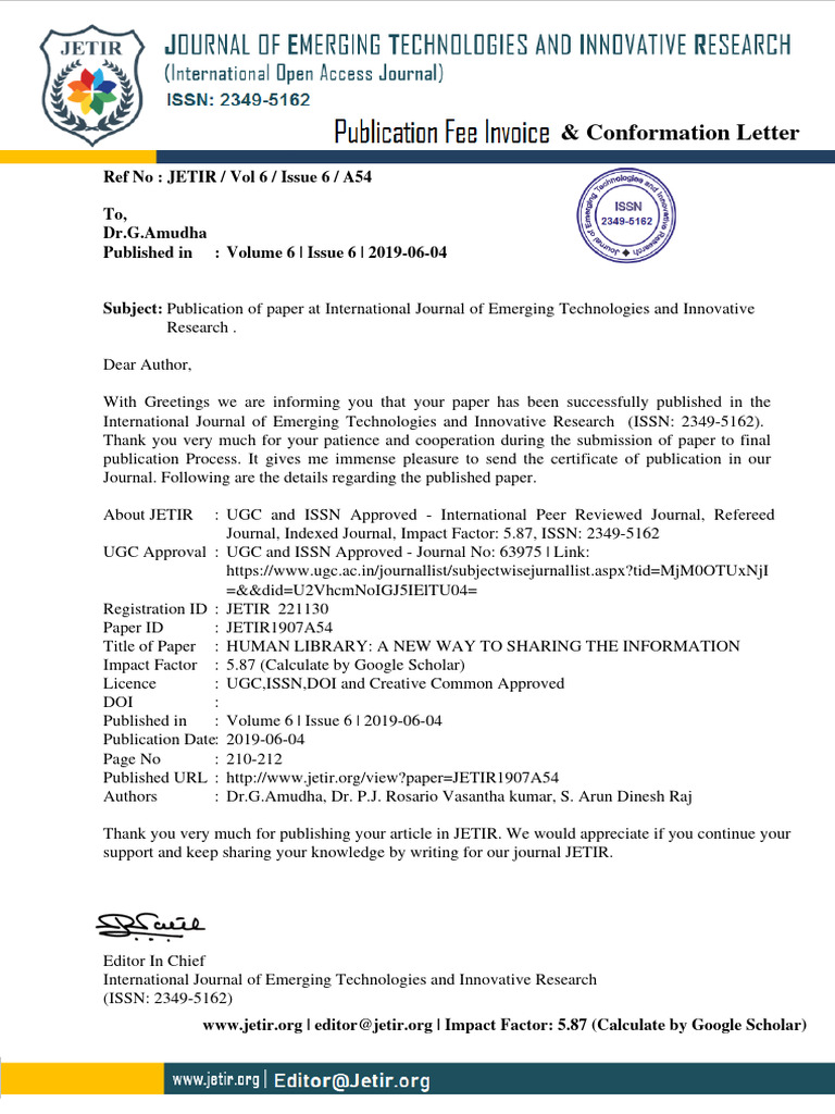 Confirmation of Paper Publication in JETIR | PDF