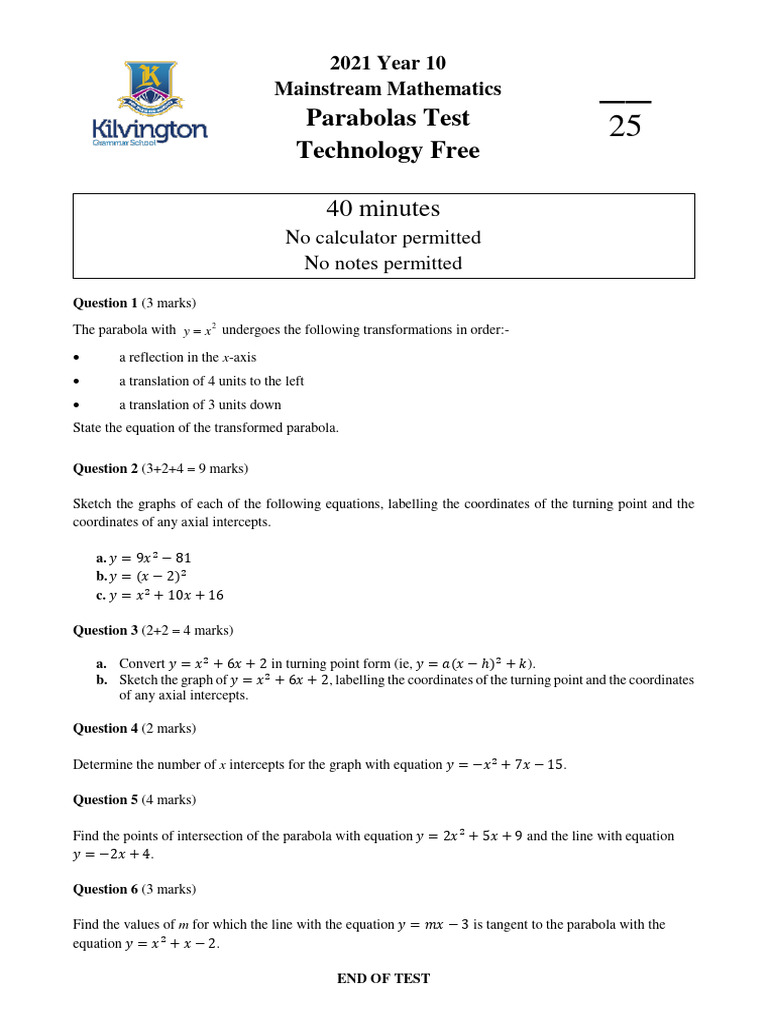 2021 Year 10 Parabolas Tech Free Test | PDF