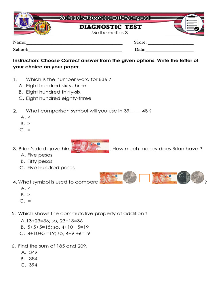Grade 1 Math Diagnostic Test | PDF | Mathematics