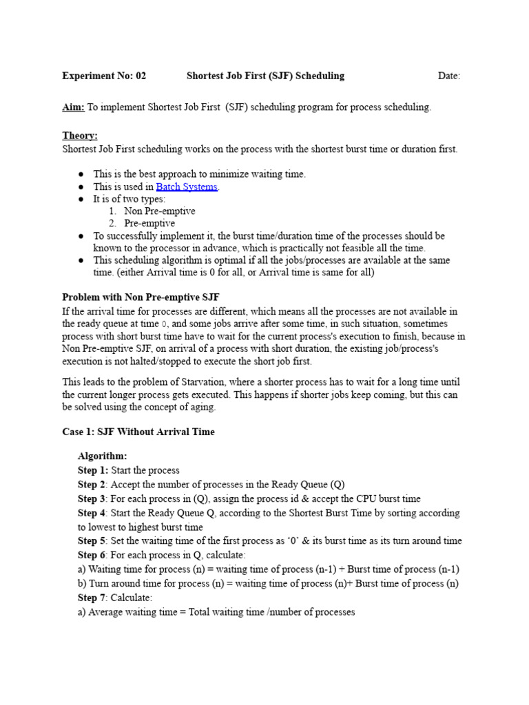 Expt 2 - Shortest Job First Scheduling (SJF) | PDF