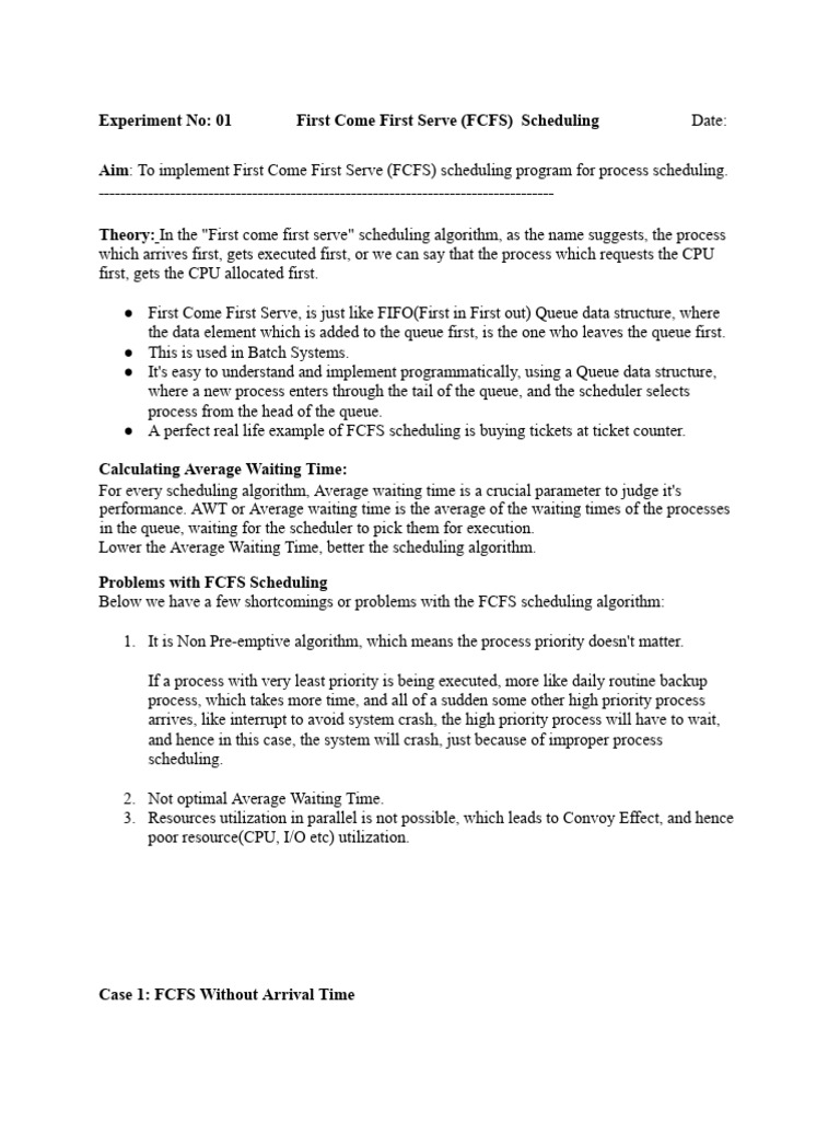 Expt 1 - First Come First Serve Scheduling (FCFS) | PDF | Scheduling (Computing) | Operations ...