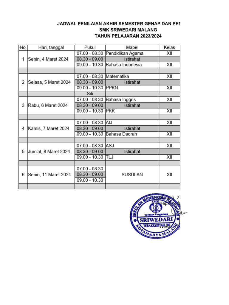 Jadwal Pas Genap 2024 Kelas Xii | PDF