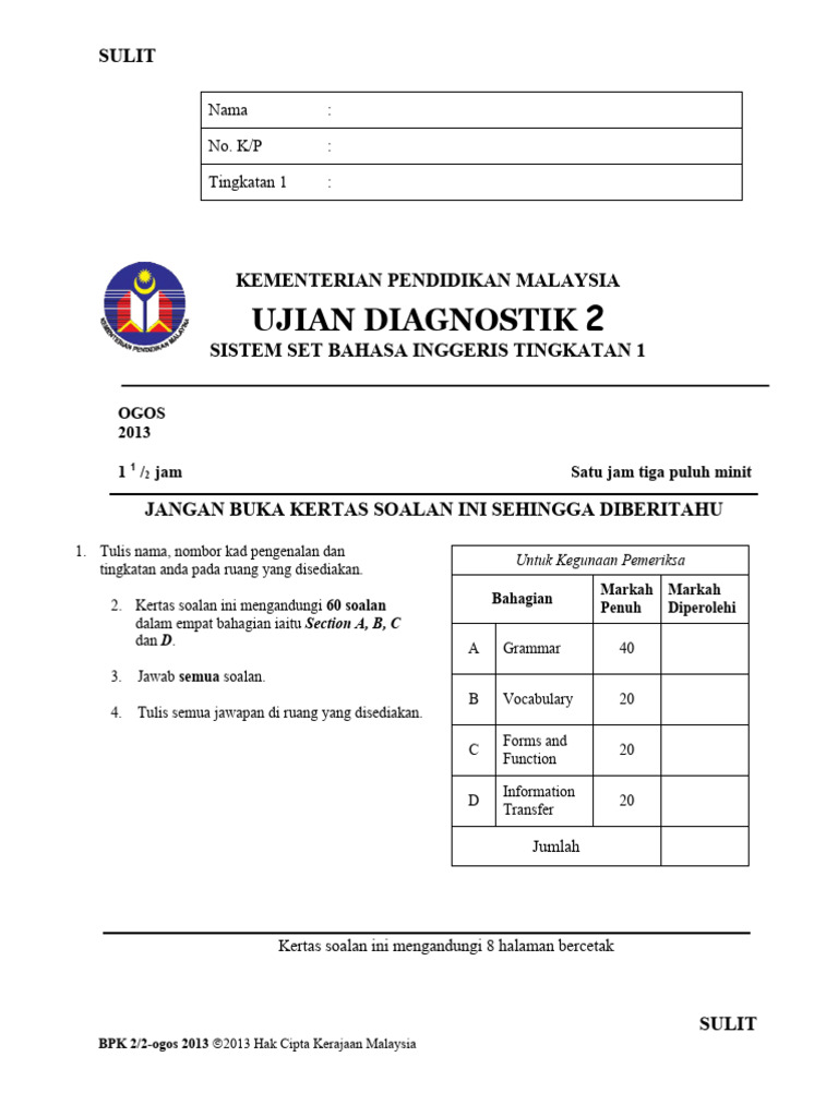 Ujian Diagnostik Bi Form 1 | PDF | Cooking