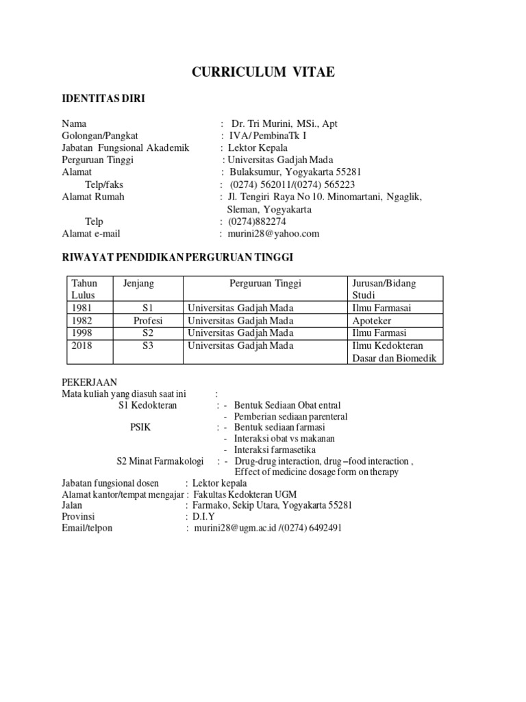 CURRICULUM VITAE Dr. Tri Murini | PDF