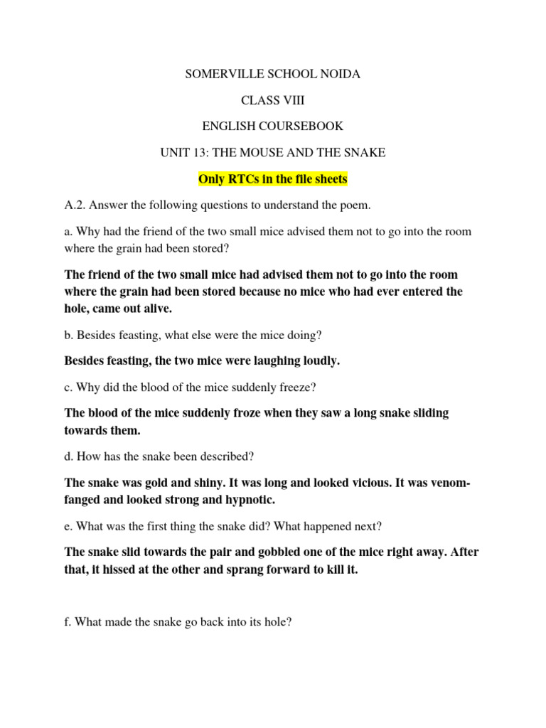 UNIT13-The snake and the mouse (Ques ans.) | PDF | Snake | Mouse