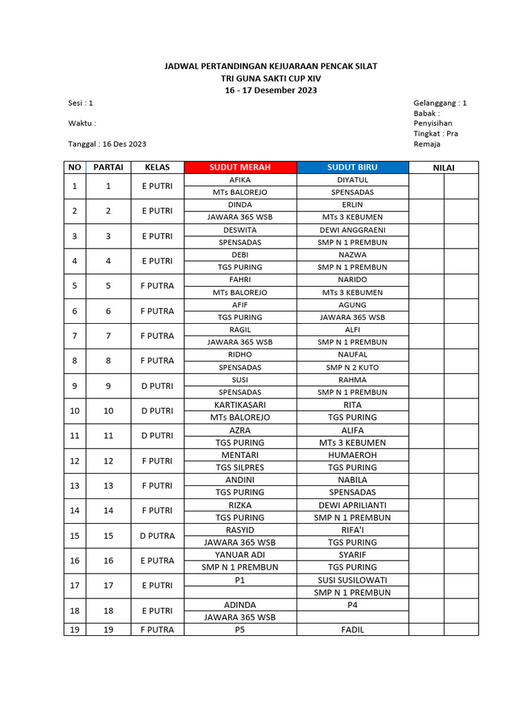 Jadwal Pra Remaja (Penyisihan & Semifinal) | PDF