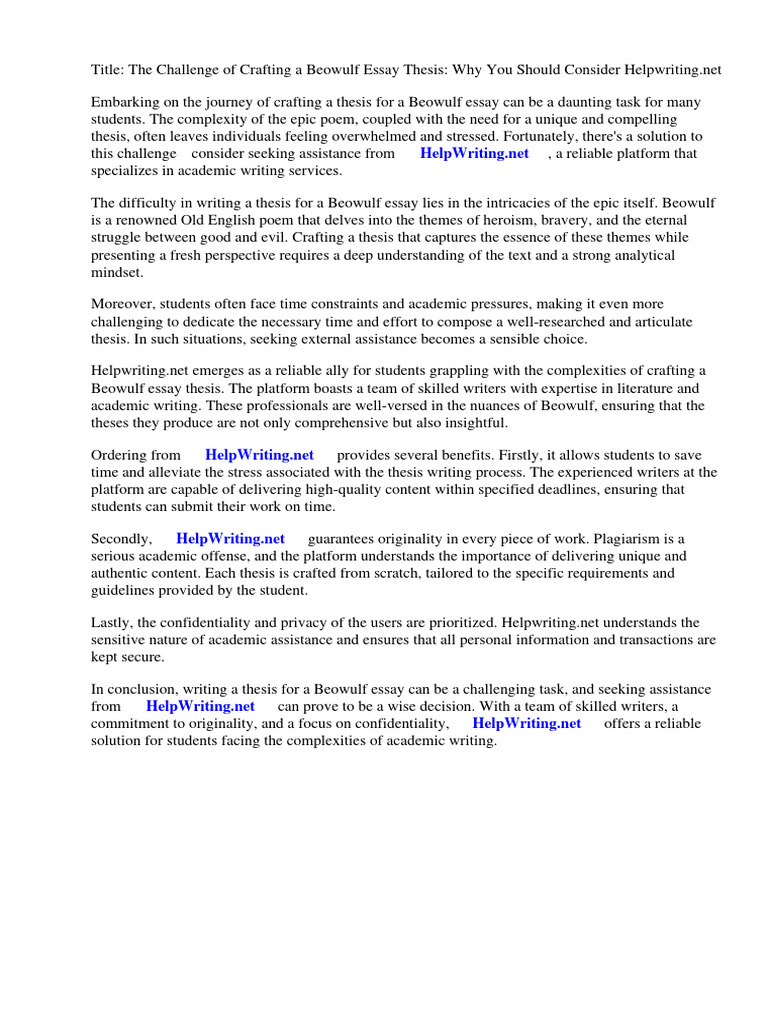 Thesis For Beowulf Essay | PDF | Beowulf