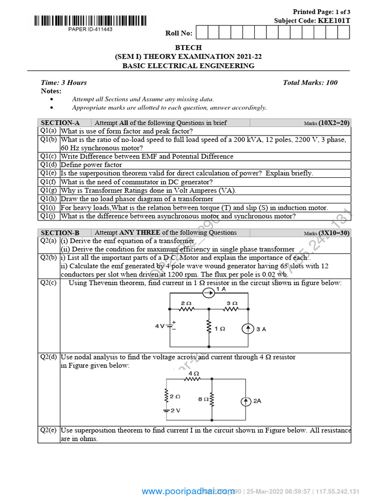Basic Electrical Engineering-KEE-101T | PDF | Electric Motor | Transformer
