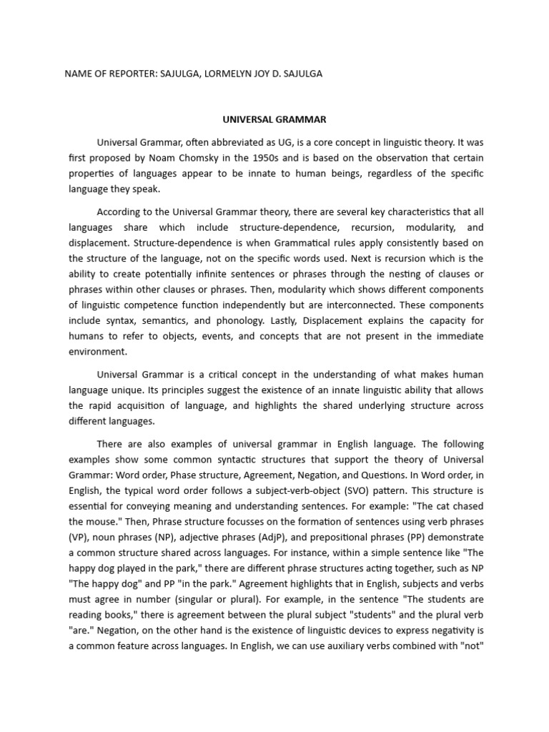 SAJULGA Universal Grammar | PDF | Syntax | Morphology (Linguistics)