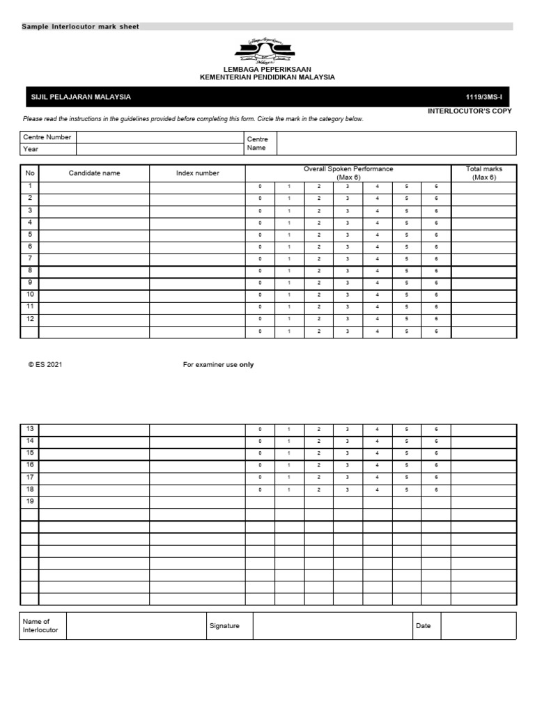 Interlocutor Mark Sheet Sample | PDF