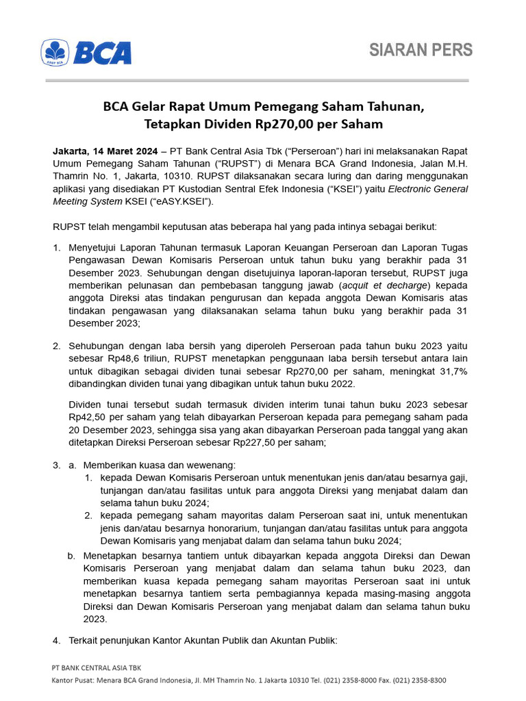 Hasil RUPS BBCA Tahun Buku 2023 | PDF