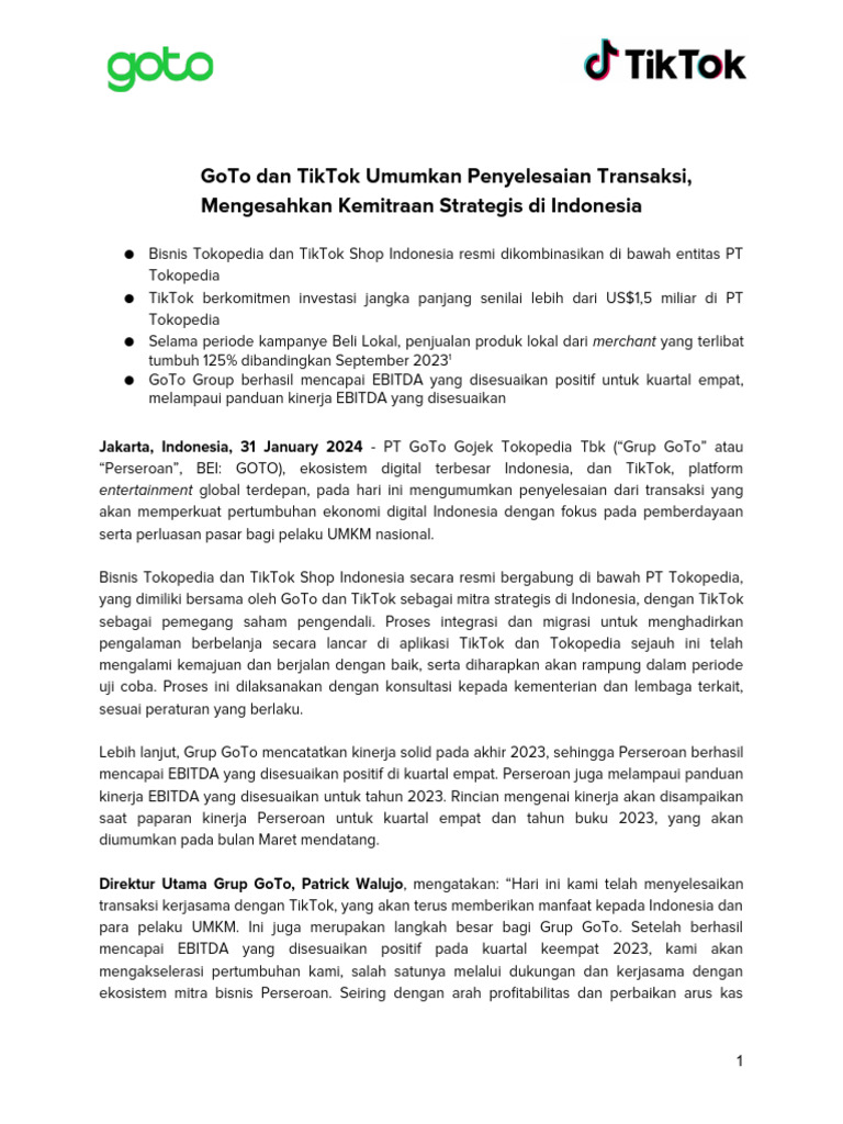 [SIARAN PERS] GoTo dan TikTok Umumkan Penyelesaian Transaksi | PDF