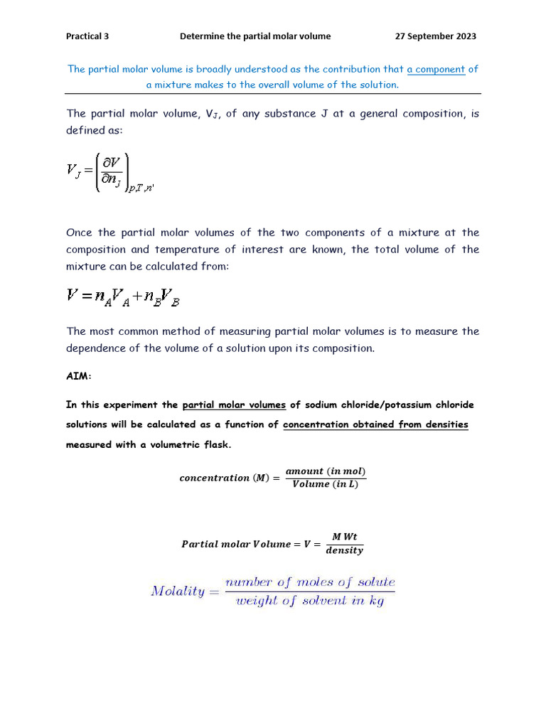 The Partial Molar Volume 27 Sept | PDF | Concentration | Metrology