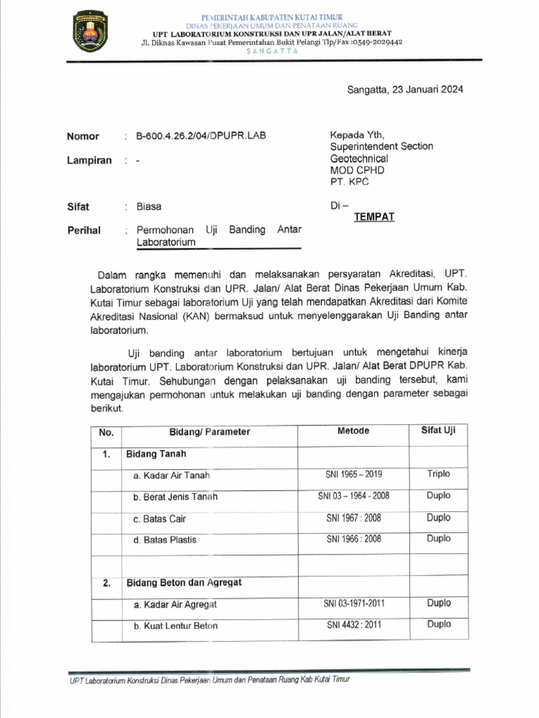 Surat Permohonan Uji Banding PT. KPC - 2024 | PDF