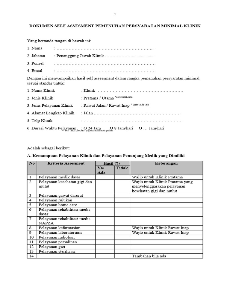 Dokumen Self Assesment Pemenuhan Persyaratan Minimal Klinik | PDF